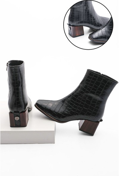 Marjin Kadın Topuklu Bot Küt Burun Tahta Ökçe Fermuarlı Sayen