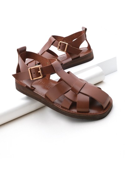 Marjin Kadın Hakiki Deri Sandalet Eva Taban Kalın Bantlı Önü Kapalı Olin