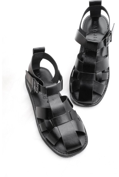 Marjin Kadın Hakiki Deri Sandalet Eva Taban Kalın Bantlı Önü Kapalı Olin