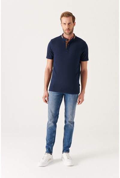 Avva Erkek Lacivert Hakim Yaka Düz T-Shirt E001030 Avva Erkek Lacivert Hakim Yaka Düz T-Shirt E001030