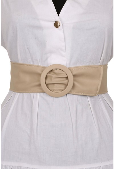 Butikburuc Kadın Bej Yuvarlak Tokalı Bağlamalı Kemer