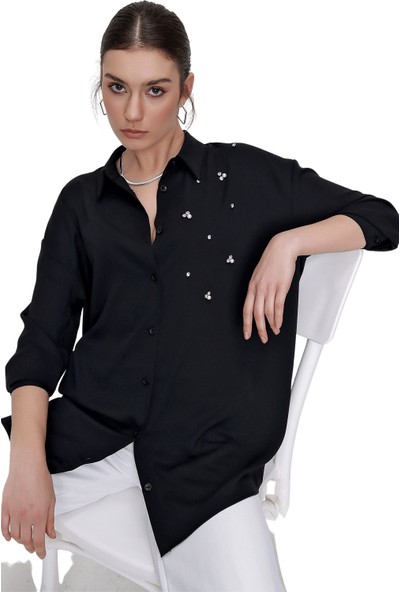 Butikburuc Kadın Siyah Yanı Taşlı Uzun Şifon Gömlek