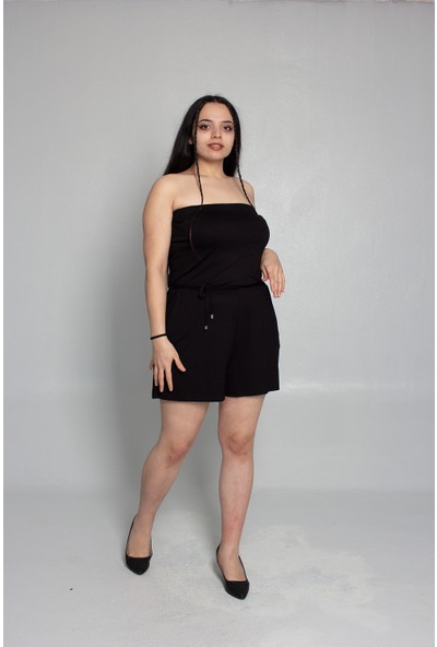 Truva Xxl Büyük Beden Kadın Giyim Straplez Şort Tulum Siyah TLM146