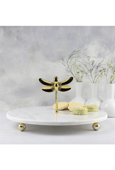 Akay Ev Akayev Mermer Beyaz 25 cm Altın Boncuk Ayaklı Yusufcuk Sunum Tabağı