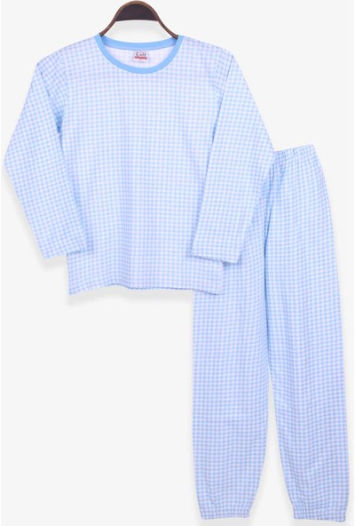 Breeze Erkek Çocuk Pijama Takımı Pötikare Desenli Bebe Mavisi (9-12 Yaş)