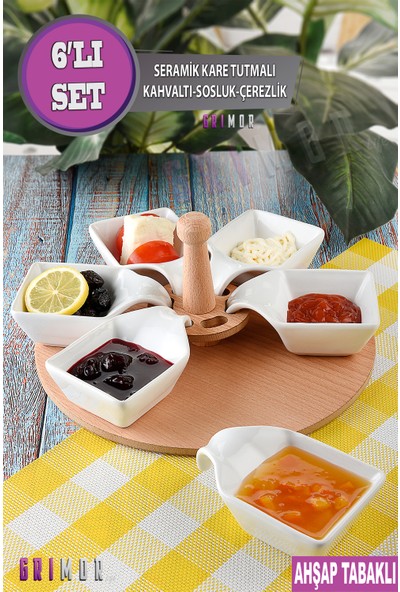 Grimor Life Ahşap Kulp ve Tabanlı 6 Adet Seramik Çerezlik, Sosluk, Kahvaltılık Seti Grimor Life Ahşap Kulp ve Tabanlı 6 Adet Seramik Çerezlik, Sosluk, Kahvaltılık Seti
