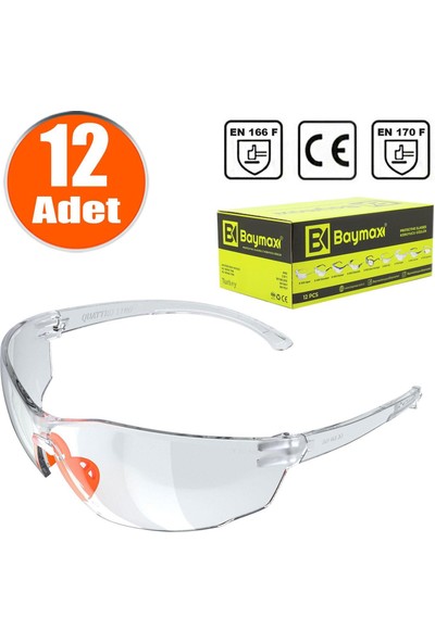 Badem10 Baymax Iş Güvenlik Gözlüğü Çapak Koruyucu Gözlük S1100 Şeffaf 12 Adet