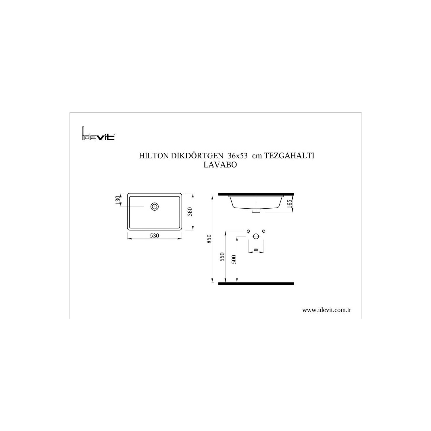 İdevit Hilton Dikdörtgen Tezgah Altı Lavabo (36X53) Fiyatı