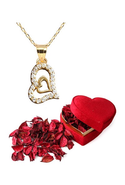 Ejoya Taşlı Altın Kalp Kolye Ve Kırmızı Gül Yaprakları