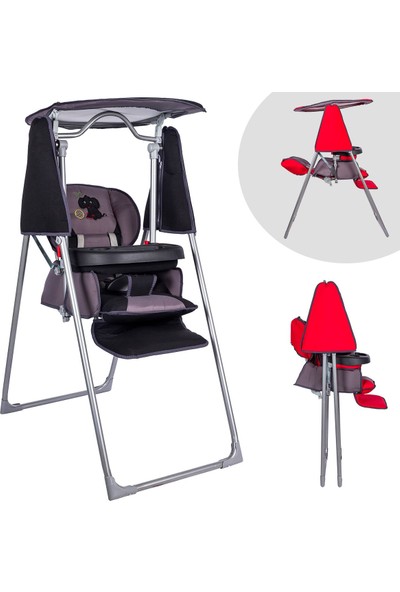 Pasha Baby Mega Lüks Yatarlı Mama Tepsili Gri Siyah Bebek Salıncağı