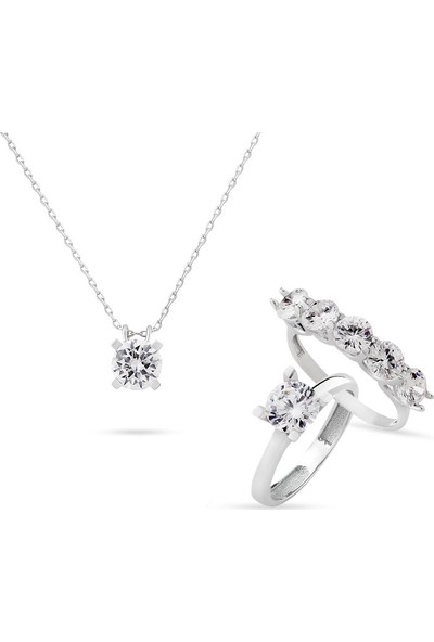 Reyyan 925 Ayar Gümüş Tektaş Kolye Hediyeli, Tektaş Ve Beştaş Yüzük Kombin