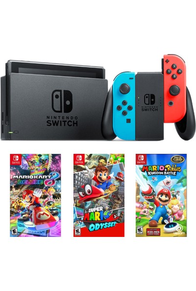 Nintendo Switch Renkli + MarioKart Deluxe Oyun + Super Mario Odyssey Oyun + Mario Rabbids Oyun Nintendo Switch Renkli + MarioKart Deluxe Oyun + Super Mario Odyssey Oyun + Mario Rabbids Oyun