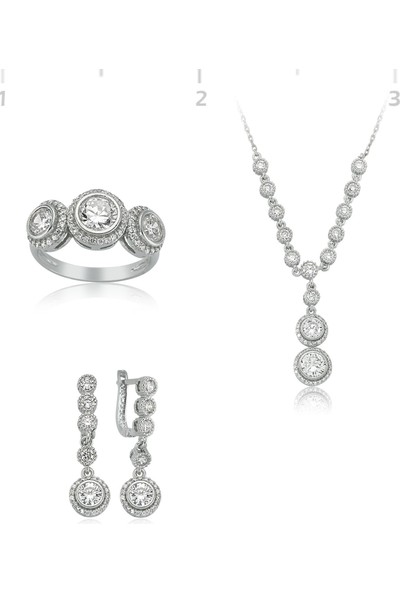 Grandhanra Rodyum Kaplama Üç Taş Gümüş Set