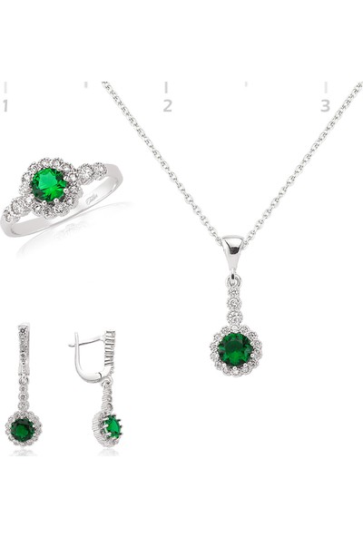 Grandhanra Gümüş Yeşil Taşlı Yuvarlak Set
