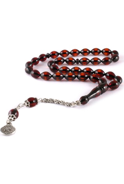 Akyüz Gümüş Osmanlı Tuğralı Sürmeli Sıkma Kehribar Tesbih Tkh020