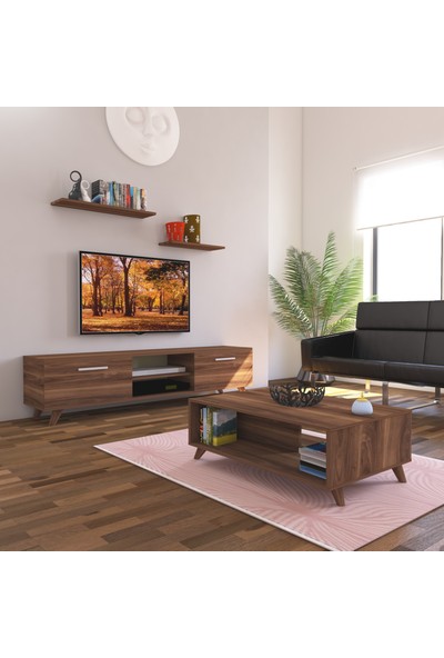 Nur Mobilya 2'li Salon Takımı Seti Ceviz 180 cm Tv Sehpası + Orta Sehpa