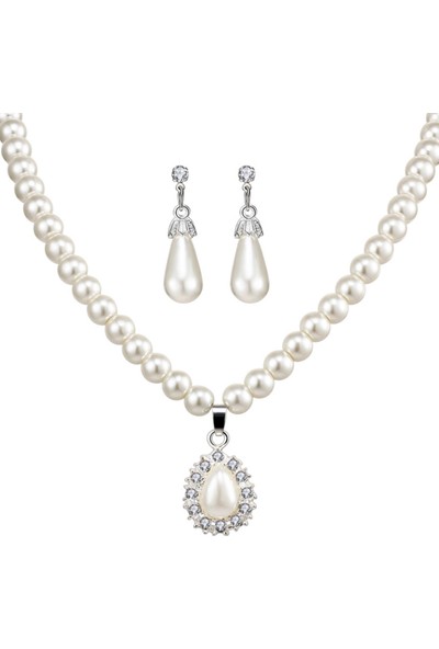 Myfavori Gümüş Renk Simüle İnci Kristal Su Damlası Kolye Ve Küpe Takı Seti Myfavori Gümüş Renk Simüle İnci Kristal Su Damlası Kolye Ve Küpe Takı Seti