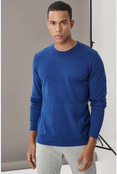 Altınyıldız Classıcs Erkek İndigo Standart Fit Bisiklet Yaka Düz Triko Kazak