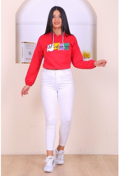 Sue Kapüşonlu Welcome Baskılı Sweatshirt Kırmızı