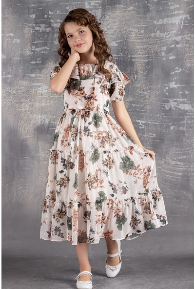 Tivido Kısa Kollu Çiçekli Şifon Kız Çocuk Elbise Tivido Kısa Kollu Çiçekli Şifon Kız Çocuk Elbise