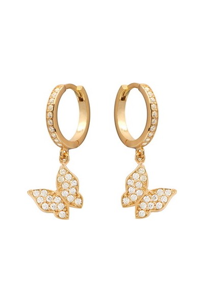 Coşar Silver Zirkon Taşlı Pırlanta Montür Altın Kaplama Kelebek Figürlü Halka Gümüş Küpe