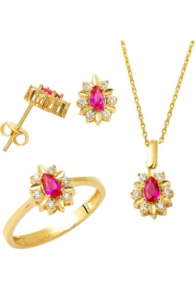 Bilezikci Fuchsia Damla Taşlı 3'lü Altın Set