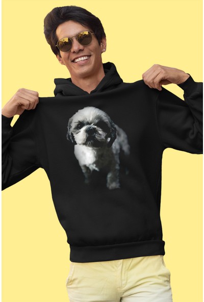 Unisex Siyah Beyaz Köpek Baskılı Hoodie