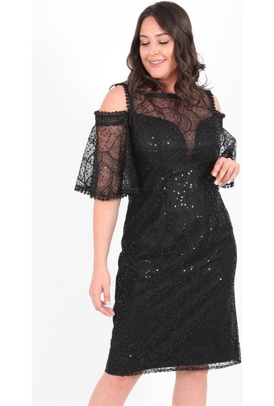 Ladies First Büyük Beden 3566 Siyah Kısa Abiye Elbise