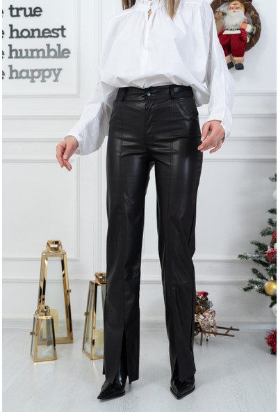 Deniz Tapan Butik Siyah Ispanyol Paça Yırtmaçlı Deri Pantolon