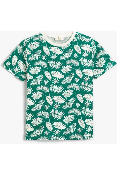 Koton Erkek Çocuk Yaprak Baskılı Kısa Kollu Tişört Pamuklu