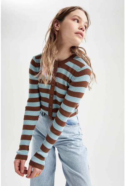 DeFacto Coool Slim Fit Bisiklet Yaka Çizgili Fitilli Triko Hırka X0097AZ22SP