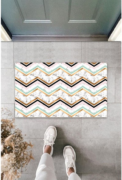 Silkcoat Home Dijital Baskı Beyaz Zigzag Kapı Paspası PS1090