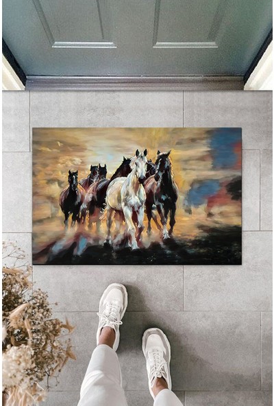 Silkcoat Home Dijital Baskı Kahverengi Koşan Atlar Paspas PS1093