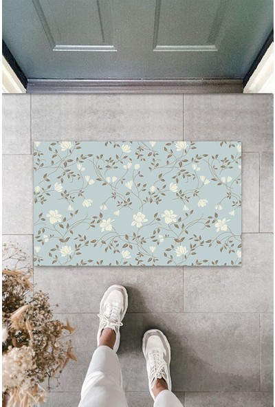 Silkcoat Home Dijital Baskı Açık Mavi Çoklu Çiçek Kapı Paspası PS1121