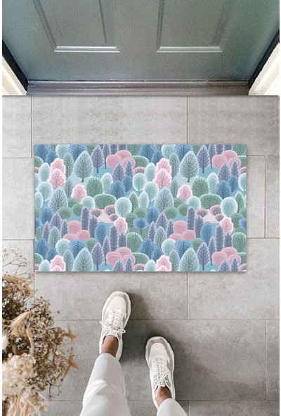 Silkcoat Home Dijital Baskı Pembe-Mavi Küçük Ağaçlar Paspas PS1132