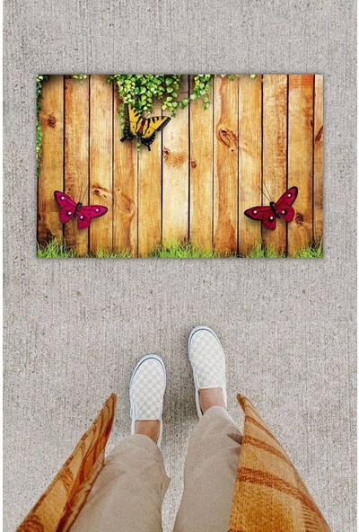Silkcoat Home Dijital Baskı Dekoratif 3'lü Kelebek Kahverengi Kapı Önü Paspası PS1226