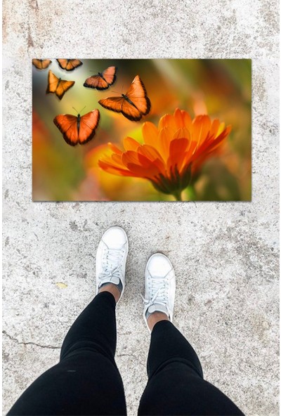 Silkcoat Home Dijital Baskı Turuncu Çoklu Kelebek Desen Kapı Önü Paspası PS1170