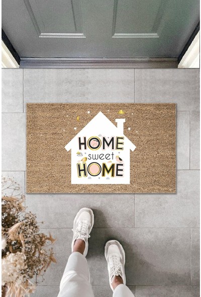 Silkcoat Home Dijital Baskı Kahverengi Home Sweet Home Yazılı Beyaz Ev Dekoratif Kapı Paspası PS1285