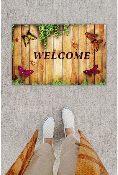 Silkcoat Home Dijital Baskı Dekoratif 4'lü Kelebek Kahverengi Kapı Önü Paspası PS1246