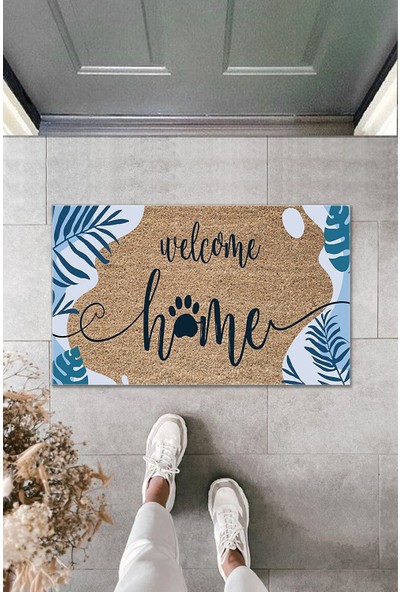 Silkcoat Home Dijital Baskı Kahverengi Mavi Yapraklı Welcome Home Dekoratif Kapı Paspası PS1300 Silkcoat Home Dijital Baskı Kahverengi Mavi Yapraklı Welcome Home Dekoratif Kapı Paspası PS1300