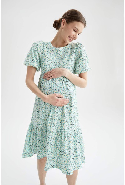 DeFacto Regular Fit Desenli Bisiklet Yaka Yarım Kollu Volanlı Hamile Elbisesi X3513AZ22SP DeFacto Regular Fit Desenli Bisiklet Yaka Yarım Kollu Volanlı Hamile Elbisesi X3513AZ22SP