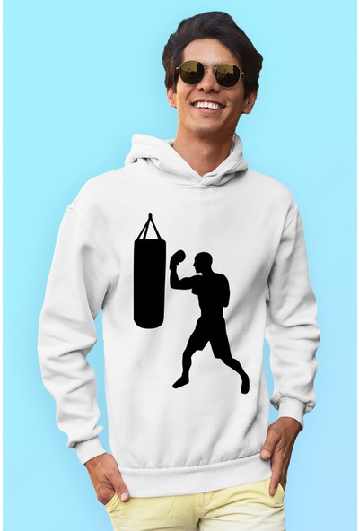 Unisex Boks Antremanı Temalı Baskılı Kapüşonlu Sweatshirt