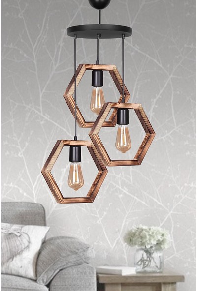 Megüsa Ahşap Sarkıt Avize 3 Lü Modern Avize