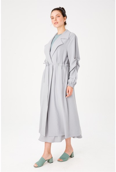 Micca Kolları Pile Detaylı Spor ve Şık Kap (Trench)-Gri