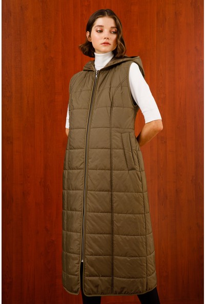 Micca Biye Detaylı Kapüşonlu Kalın Şişme Yelek-Haki