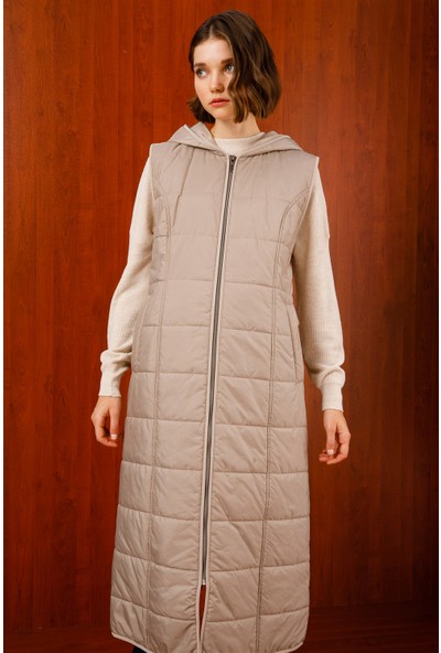 Micca Biye Detaylı Kapüşonlu Kalın Şişme Yelek-Taş