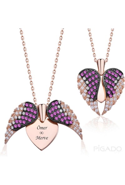 Pigado Kişiye Özel Rose Fuşya Aşkın Kanatları Gümüş Kolye Sevgiliye