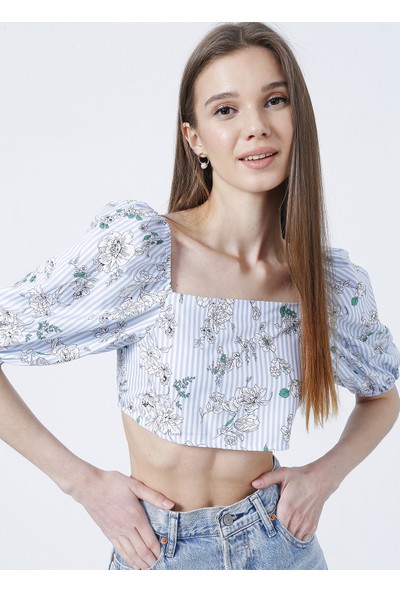 Fabrika Straplez Crop Çizgili Mavi - Beyaz Kadın Bluz - Arno