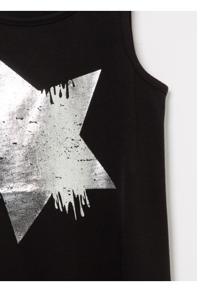 Funky Rocks Düz Yaka Standart Kalıp Baskılı Siyah Kız Çocuk Diz Üstü Elbise - GLG-22