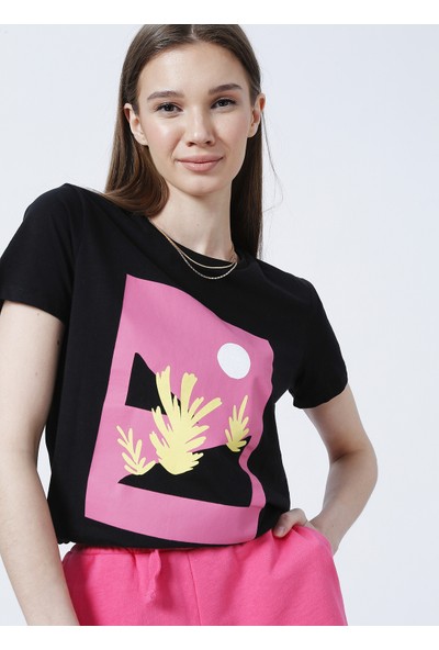 Fabrika Bisiklet Yaka Basic Baskılı Siyah Kadın T-Shirt - Cedrıc